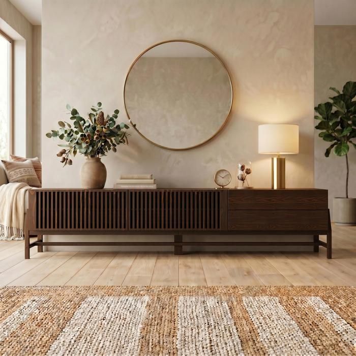 Meuble TV ADAMO L 220 cm en Bois Massif Coloris Noyer avec 2 Portes ...