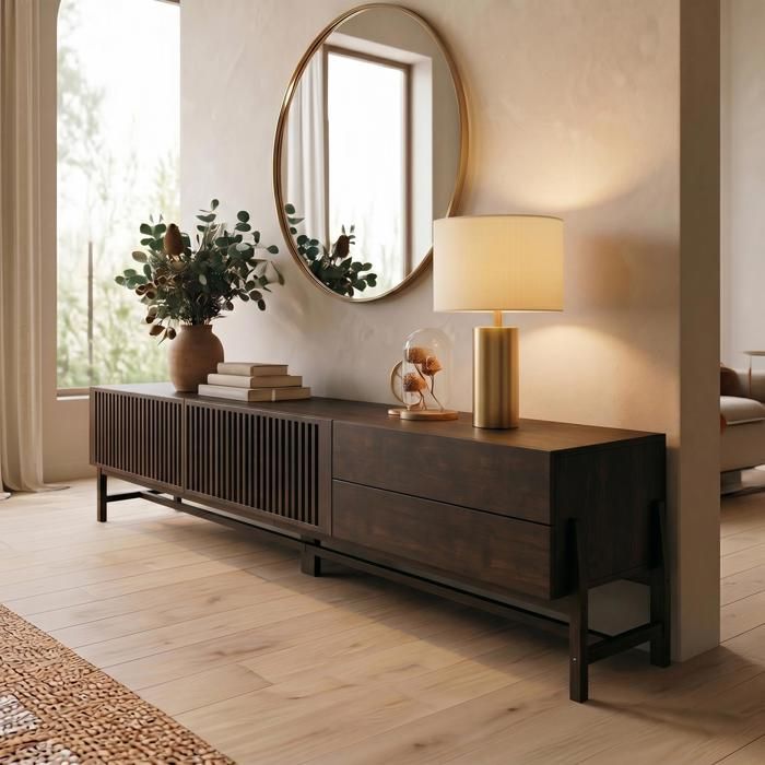 Meuble TV ADAMO L 220 cm en Bois Massif Coloris Noyer avec 2 Portes ...