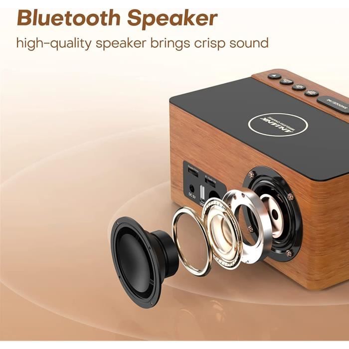 Ehskzjh Enceinte Bluetooth Réveil En Bois Avec Radio Fm,Chargement Sans ...