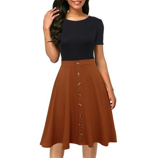 Robe MZJ3R Manches courtes Colorblock boutonné mi-longues évasées A ...