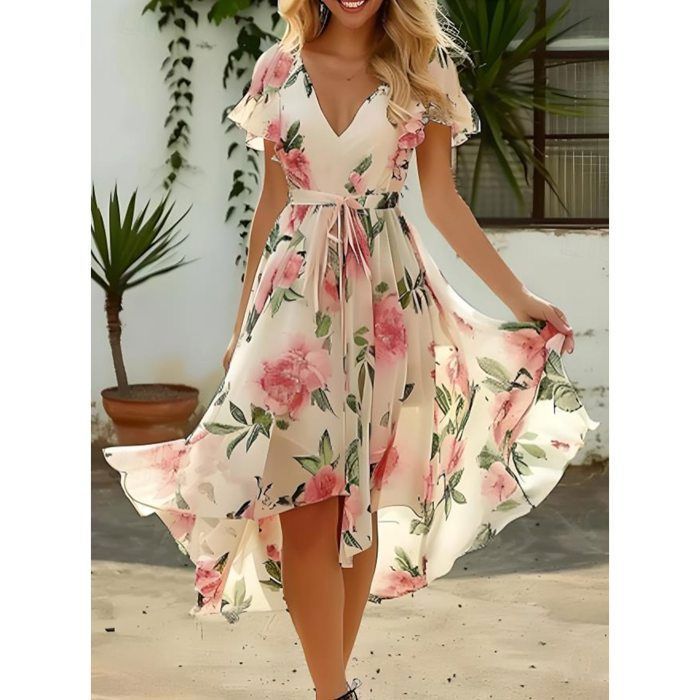 Robe d'été en mousseline imprimée ECELEN pour femme - Col en V - Robe ...