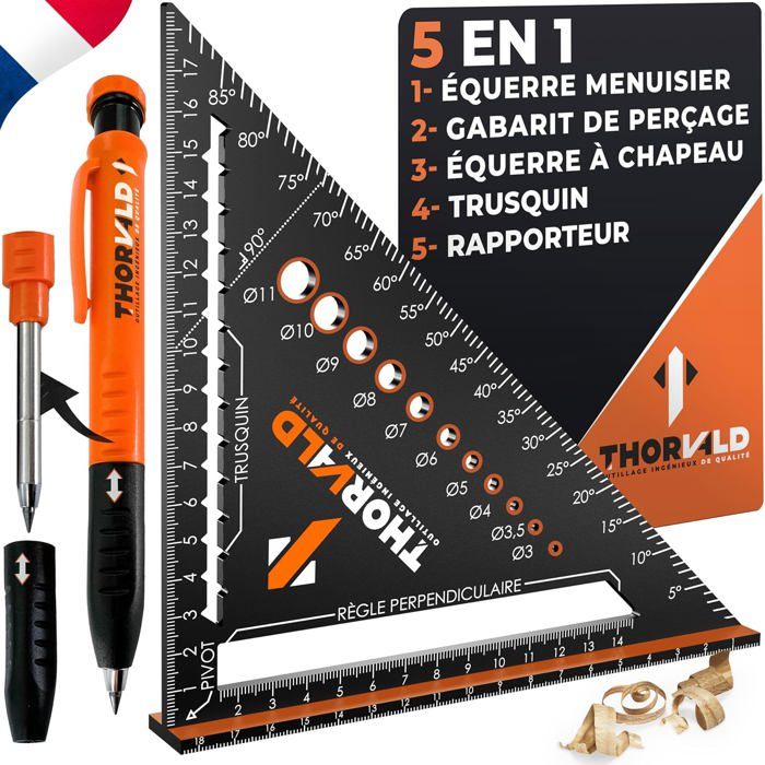 THORVALD 5 en 1 Equerre Menuisier 180 mm + Crayon Chantier ...