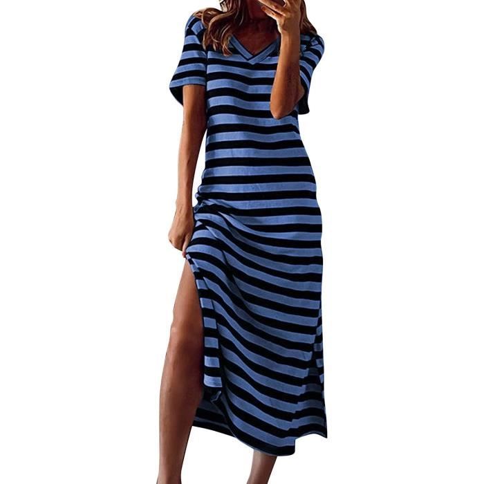 Robe à Rayures col en V décontracté Ample Plage Robes Fendues - Femme ...