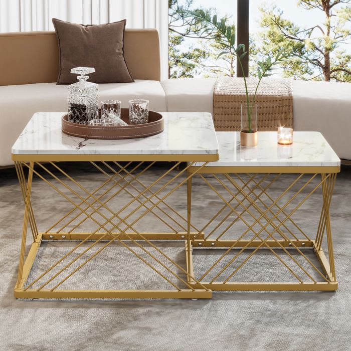Table Basse 2 Pièces Marbre Brillant (60x60x45cm + 45x45x40cm), Pieds ...