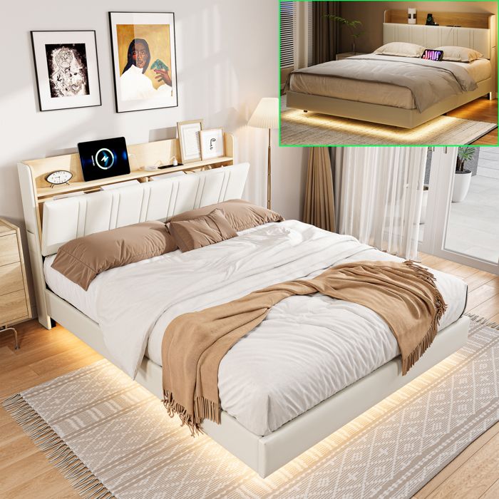 LED Lit Flottant 140 x 200 cm avec Sommier - 2 Prises & 1 USB & 1 Type ...