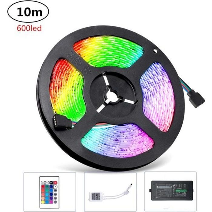 Ruban LED 10m 3528 RGB Etanche IP65 Multicolore 600 LED Télécommande ...