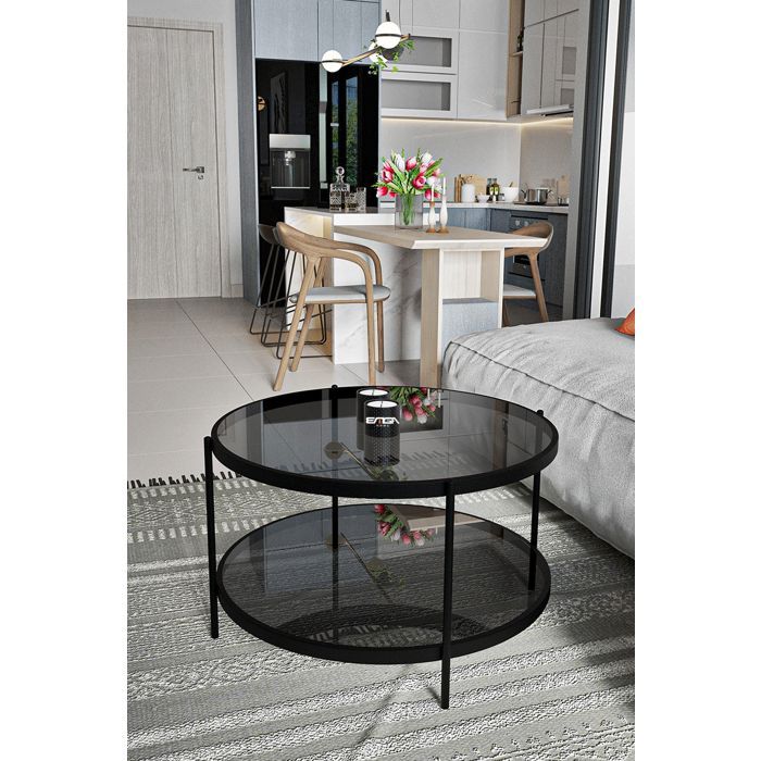 Table basse ronde - MENZZO - Kadira - Métal Noir - Verre trempé Noir ...