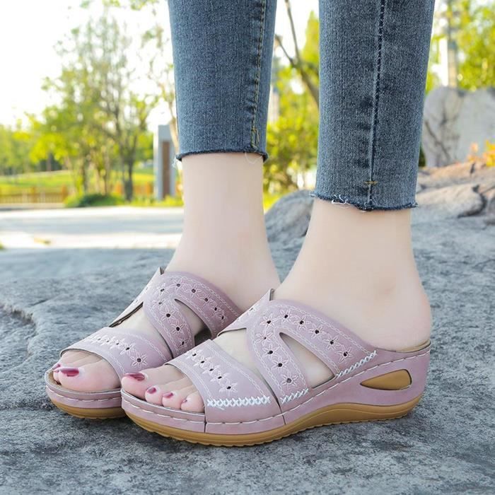 Chaussures compensées à bout de poisson, chaussons brodés multicolores ...