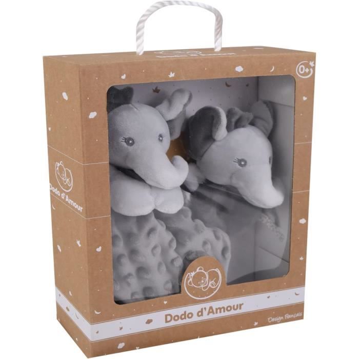DODO D'AMOUR - Coffret Doudou Carré et Hochet - éléphant - 012191 - Gris - Alvéolé - Naissance ...