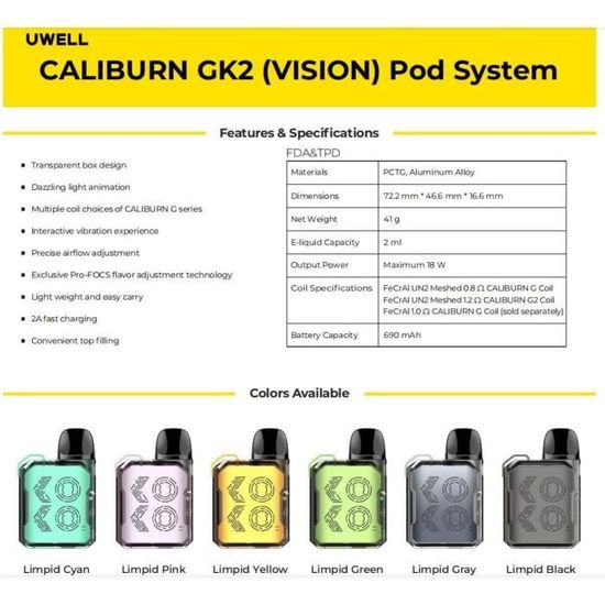 Caliburn GK2 Pod kit [transparent] batterie intégrée 690mah ...