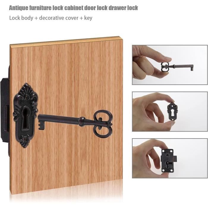 2 Set Serrure Ancienne Porte Antique Cabinet Lock Vintage Design Verrou ...