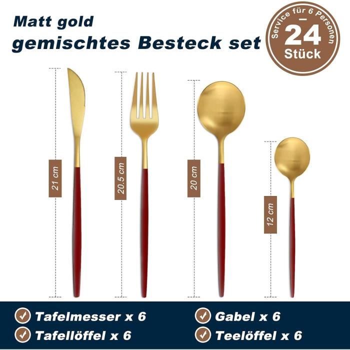 Set De Couverts 6 Personnes, 24 Pieces De Couverts Rouge Or Mat, Set De ...