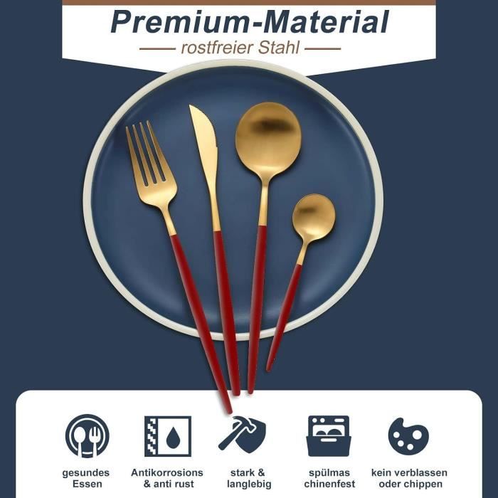 Set De Couverts 6 Personnes, 24 Pieces De Couverts Rouge Or Mat, Set De ...