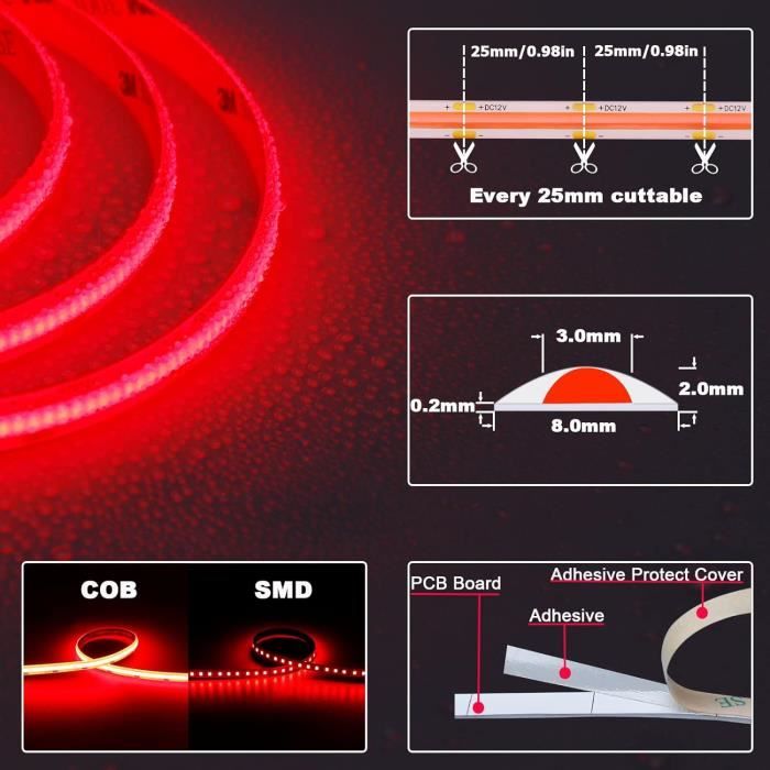 Nornward 12V Cob Ruban Led Rouge 5M Ip65 Étanche Haute Densité 480Led M ...