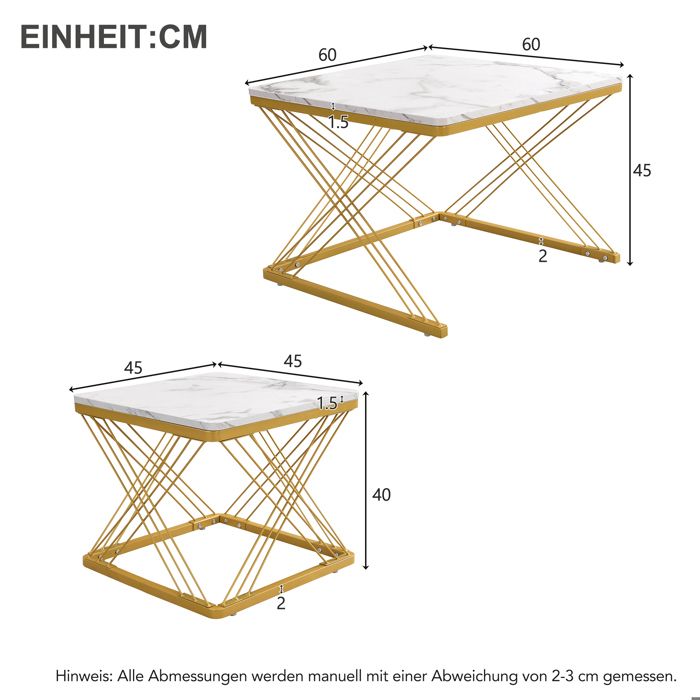Table Basse 2 Pièces Marbre Brillant (60x60x45cm + 45x45x40cm), Pieds ...