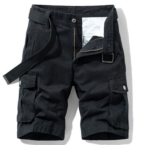 Short Cargo Homme Multipoches Coupe Droite en Coton Couleur Unie Casual ...