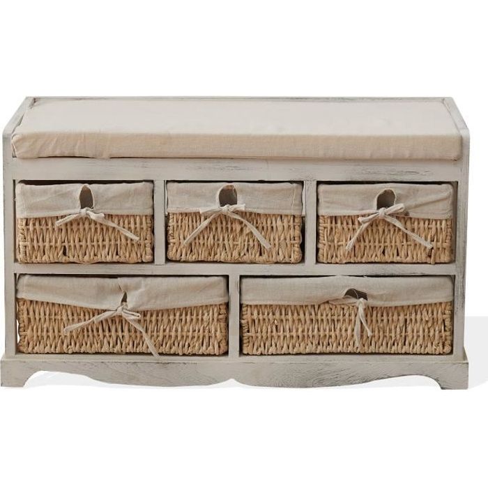 Mobili Rebecca Banc Meuble 5 Tiroirs Bois Osier Blanc Shabby 44x76x34 ...
