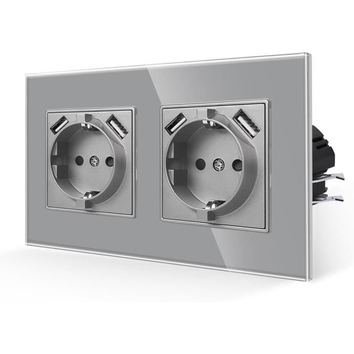 Prise Double Avec Usb En Gris, Prise En Verre 16 A Avec Port Usb A ...