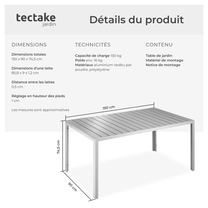 Table de jardin - TECTAKE - Table à manger d'extérieur BIANCA ...