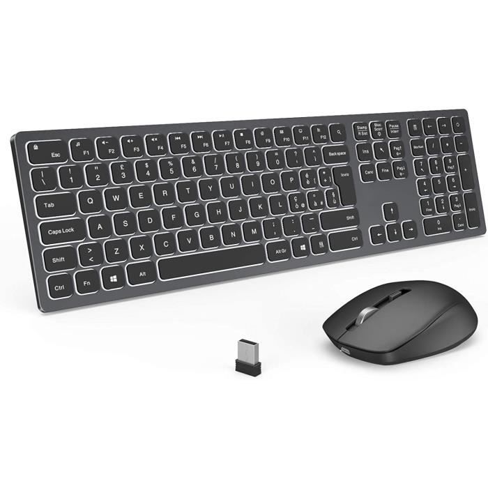 Kit clavier et souris sans fil rétro-éclairé, rechargeable, 2,4 G ...