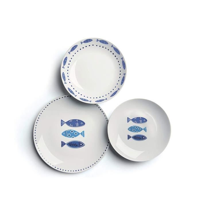 Excelsa Ocean Service de Table en Porcelaine, 18 pièces, Blanc/Bleu ...