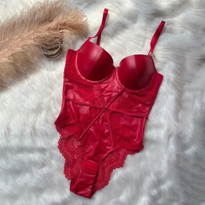 Body en cuir synthétique pour femmes Lingerie Sexy solide moulé coupe haute sous vêtements ...