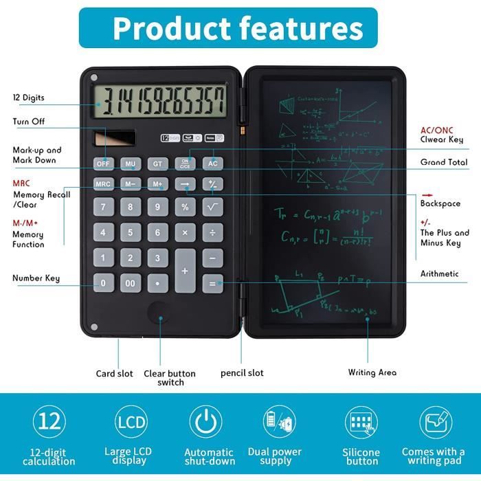 Calculatrice avec Tablette d'écriture, Bloc-Notes Pliable Portable de 6 ...