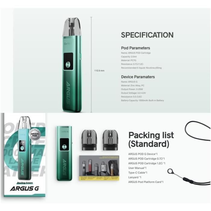 Voo'Poo Argus G Kit 25 W Vape 1000Mah Batterie 2 Ml Cartouche Argus Pod ...