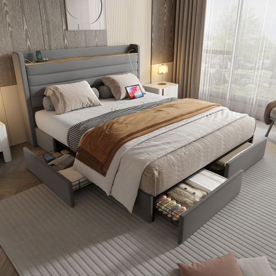 Lit Double Moderne 160x200cm - Velours, Tête De Lit Avec USB ...