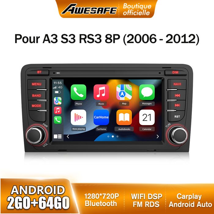 AWESAFE Autoradio Android 13 pour Audi A3 8P/S3/RS3/Sportback 2Go+64Go avec 7'' Écran Tactile ...