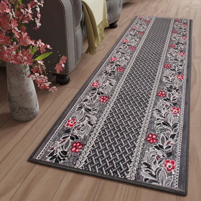 TAPISO Dream Tapis de Passage Moderne Fleur Bordure Gris Crème Rouge ...
