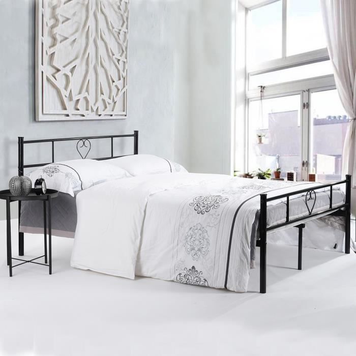 FURNITURER Lit double métal noir sommier lattes 2 places 190x140cm ...