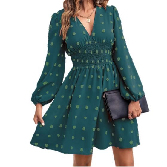 Robe pour femme à col en V et à manches longues en jacquard à pois et ...