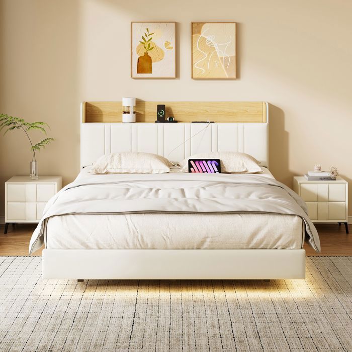 Structure de Lit Flottant 140x200 cm avec LED, Lit rembourré avec USB ...