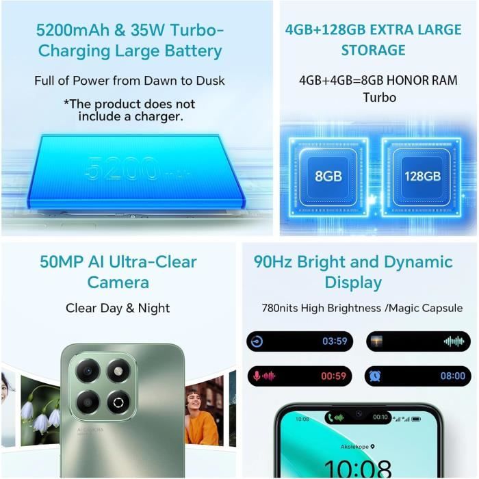 HONOR X6b 4G Smartphone 4Go 128Go,50MP,5200mAh Batterie,6.56 90Hz TFTLCD,Android 14,Dual Sim,NFC ...