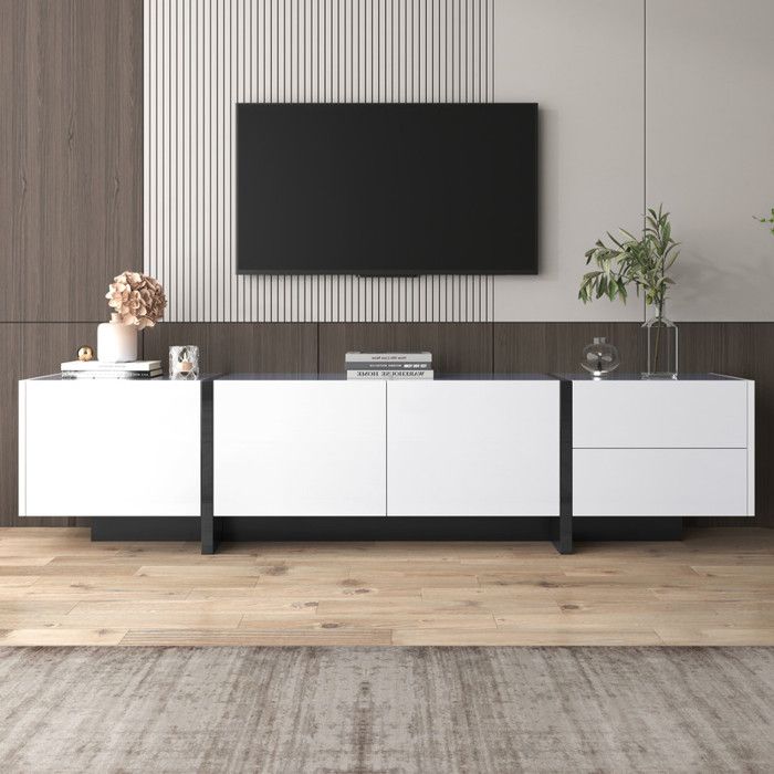 Meuble TV, lowboard Panel avec pieds bloqués en couleur blanc brillant ...