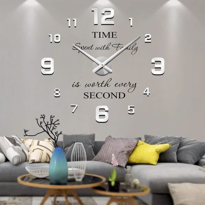 Modern Mute DIY Frameless Grande Horloge Murale 3D Mirror Sticker Metal ...