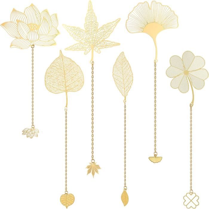 6 Pièces Marque Page Feuille, Marque Page Doré avec Chaîne ou Pendentif ...