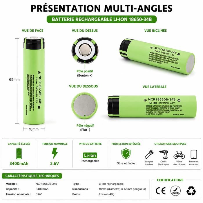 Lot de 20 Batteries 18650-34B 3400mAh 3.6V Li-ion pour Torches/Outils ...