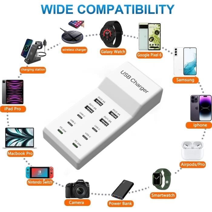 Chargeur Usb C Multiple, Station De Charge Usb C 10 Ports (Avec 6 Usb C+4 Usb A), Chargeur Multi ...