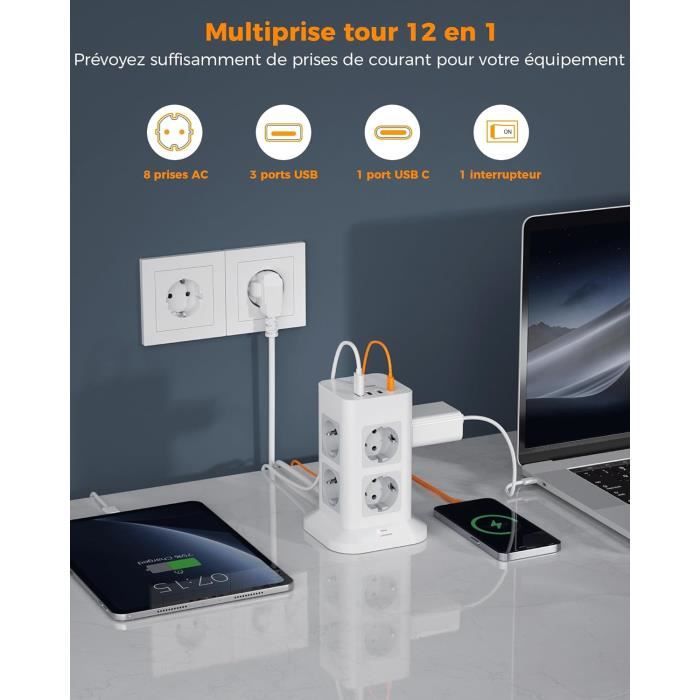Multiprise Parafoudre Usb C Avec 8 Prises, Tour Multiprise Avec ...