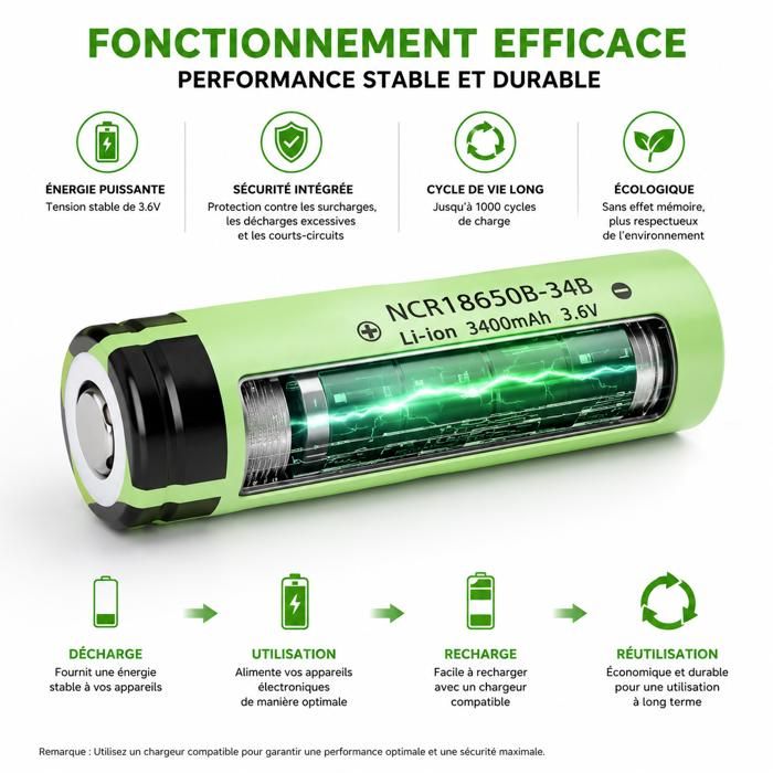 Lot de 20 Batteries 18650-34B 3400mAh 3.6V Li-ion pour Torches/Outils ...