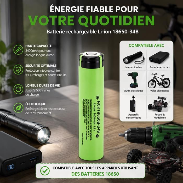 Lot de 20 Batteries 18650-34B 3400mAh 3.6V Li-ion pour Torches/Outils ...