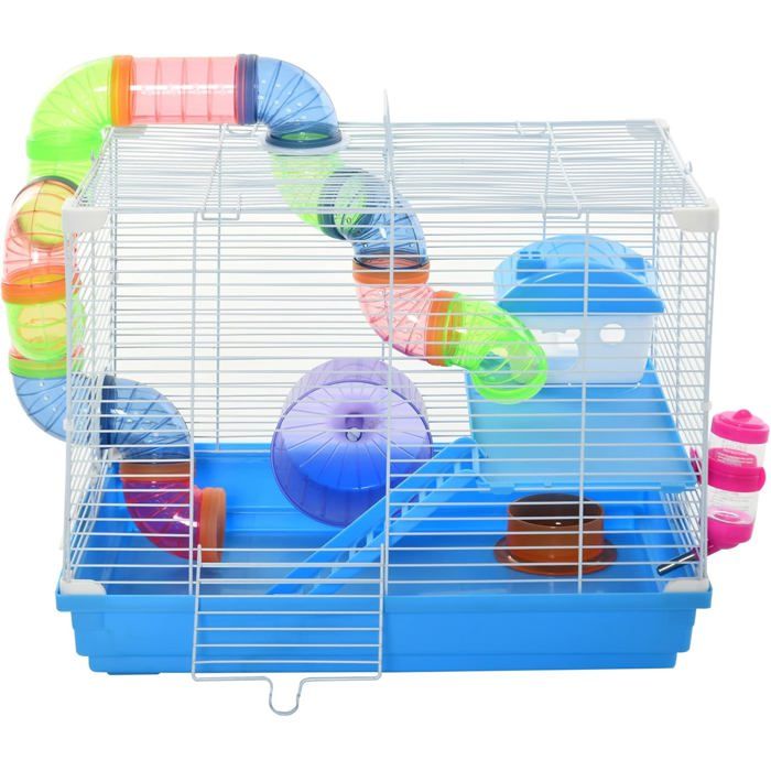 PawHut Cage pour Rongeur Hamster 2 Niveaux avec Tunnel, Bouteille d'eau ...