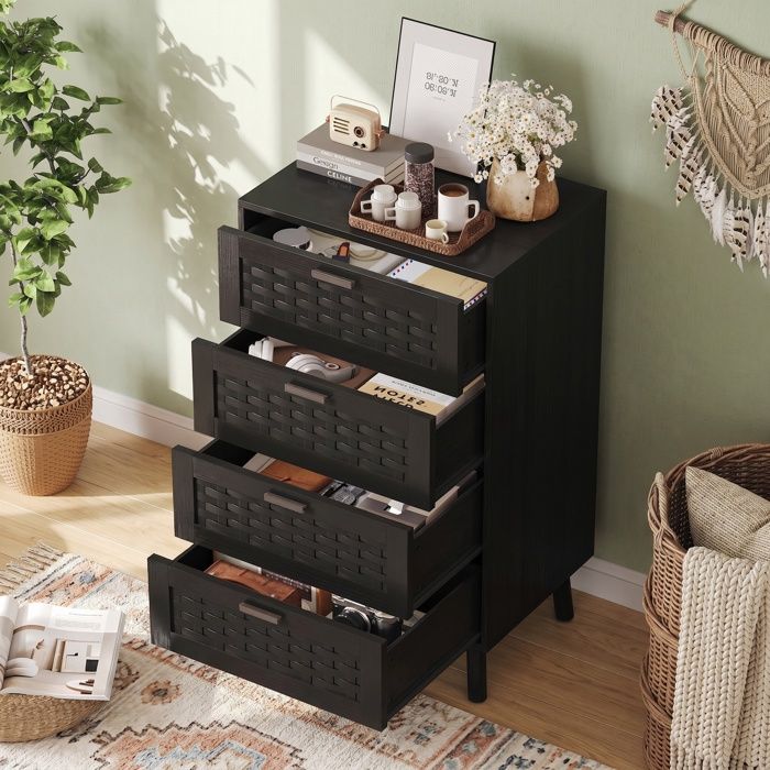 Rotin Commode Chambre, Armoire avec 4 tiroirs de grande capacité ...