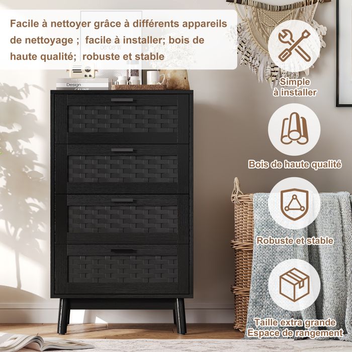 Rotin Commode Chambre, Armoire avec 4 tiroirs de grande capacité ...