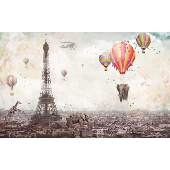 Papier Peint 3D Intissé Murales Rétro Paris Montgolfière Éléphant ...