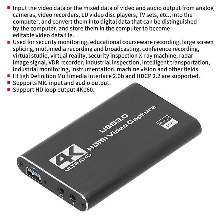 Vidéo haute définition pour carte de capture Carte de Capture Vidéo HDMI 4K, pour Haute ...