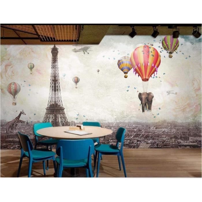 Papier Peint 3D Intissé Murales Rétro Paris Montgolfière Éléphant ...