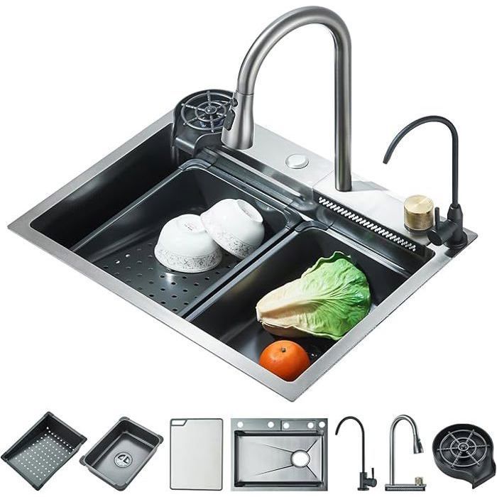 Évier de Cuisine Cascade 60 * 45CM Évier Cuisine en Acier Inoxydable avec robinet rétractable ...